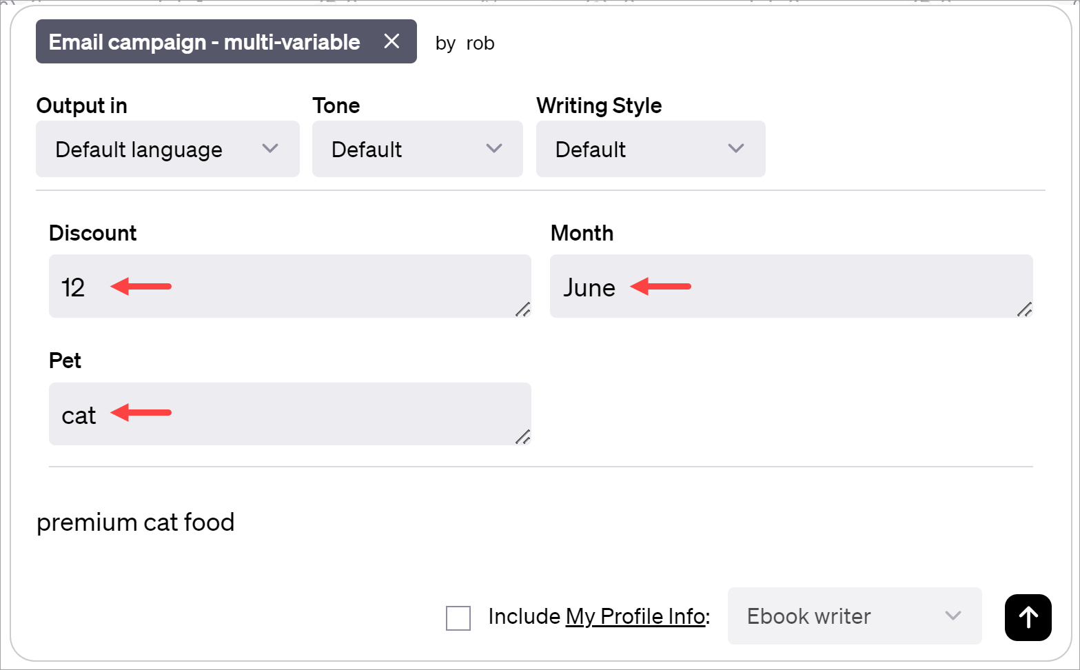 Cómo utilizar variables en preguntas con AIPRM · AIPRM